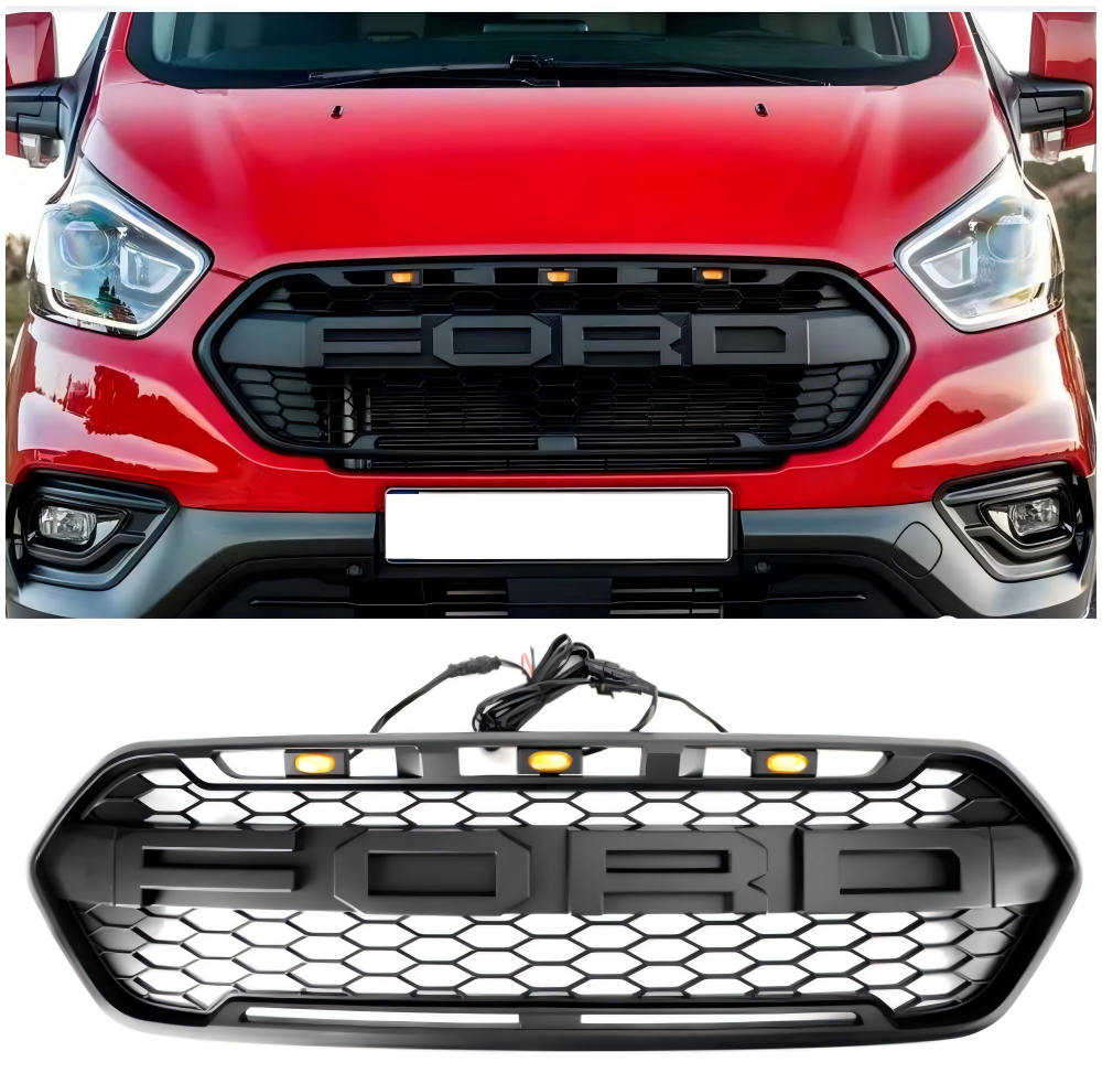 Mattschwarzer Frontgrill mit 3 LED für Ford Transit Custom Trail 2018-