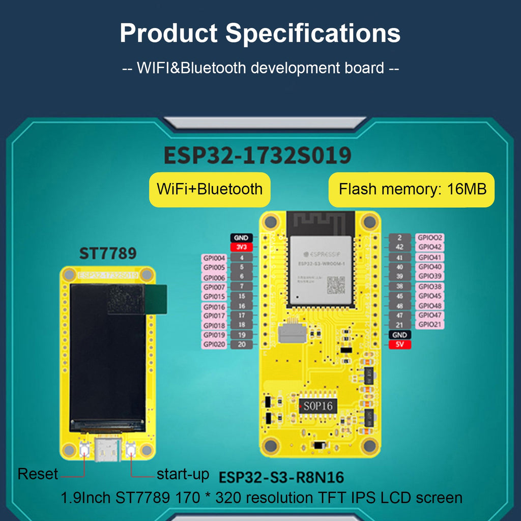 ESP32-S3 1,9-Zoll-Bildschirm-Entwicklungsplatine, WLAN, Bluetooth, 170
